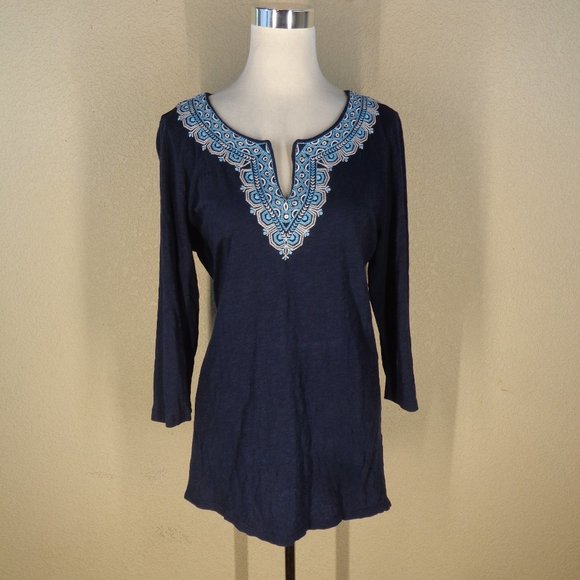 Talbots | Tops | Talbots Woman Sz X Navy Blue Embroidered Split Neck Tunic Top | Poshmark